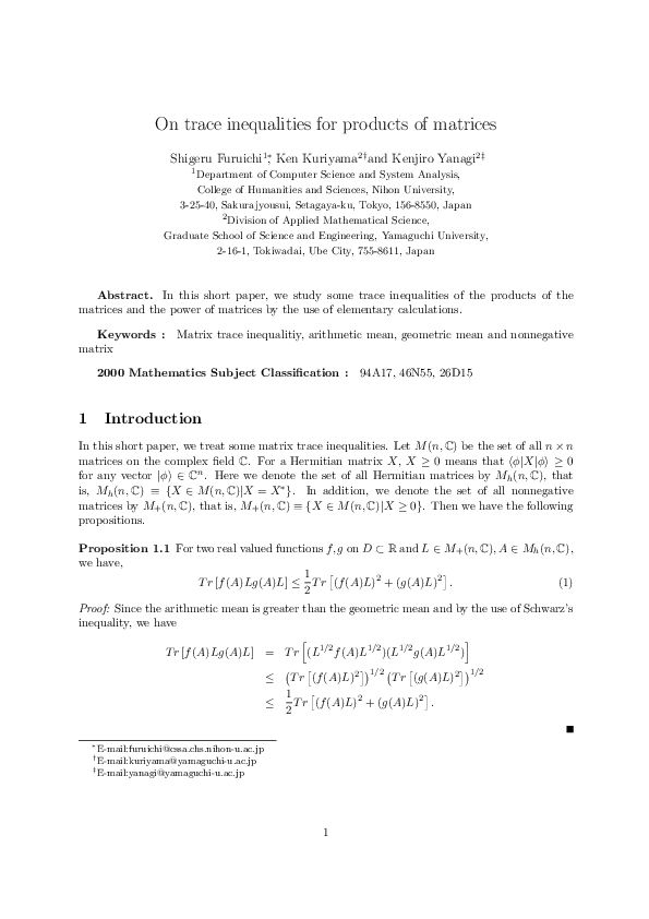 (PDF) Trace inequalities for products of matrices
