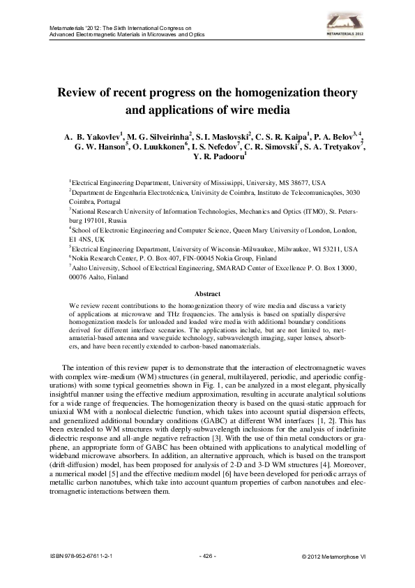 Pdf Review Of Recent Progress On The Homogenization Theory And Applications Of Wire Media