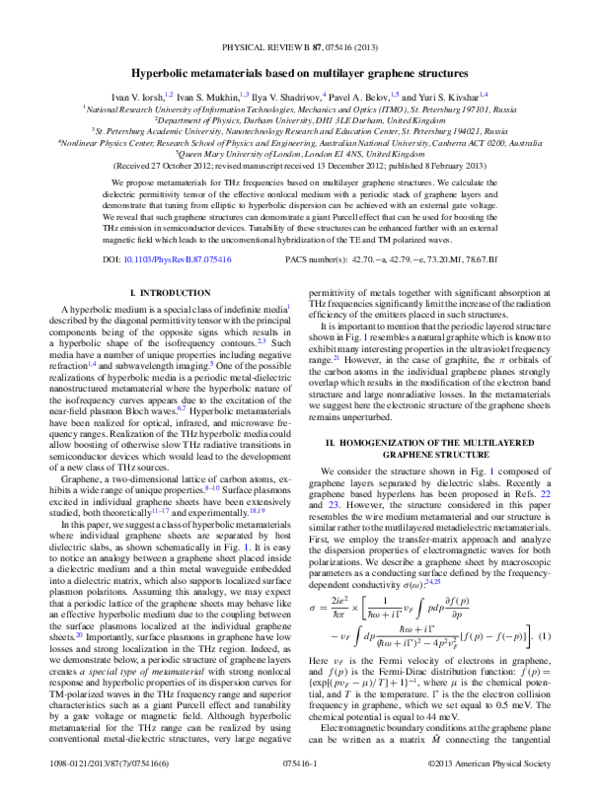 (PDF) Hyperbolic metamaterials based on multilayer graphene structures