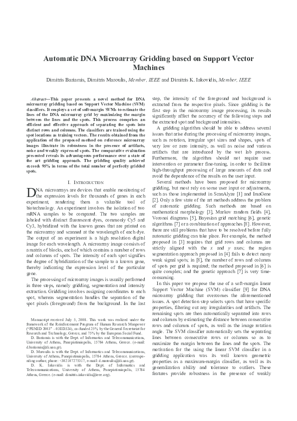 (PDF) Automatic DNA microarray gridding based on Support Vector Machines