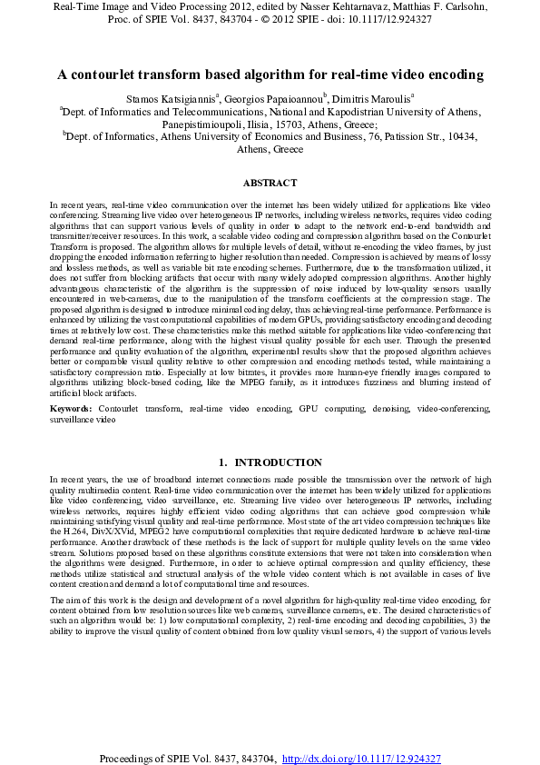 Pdf A Contourlet Transform Based Algorithm For Real Time Video Encoding Dimitris Maroulis
