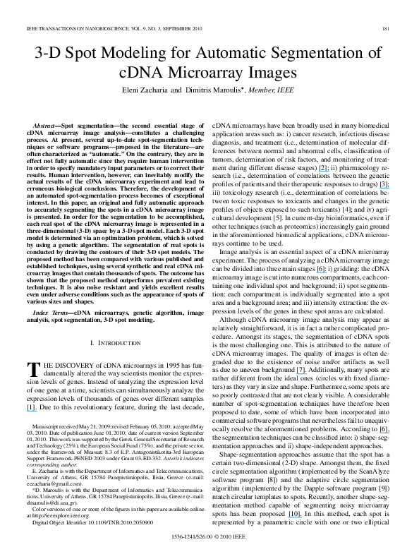 (PDF) 3-D Spot Modeling for Automatic Segmentation of cDNA Microarray Images | Dimitris Maroulis ...