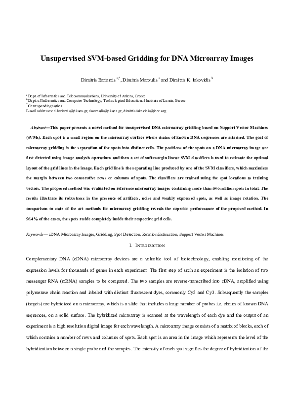(PDF) Unsupervised SVM-based gridding for DNA microarray images