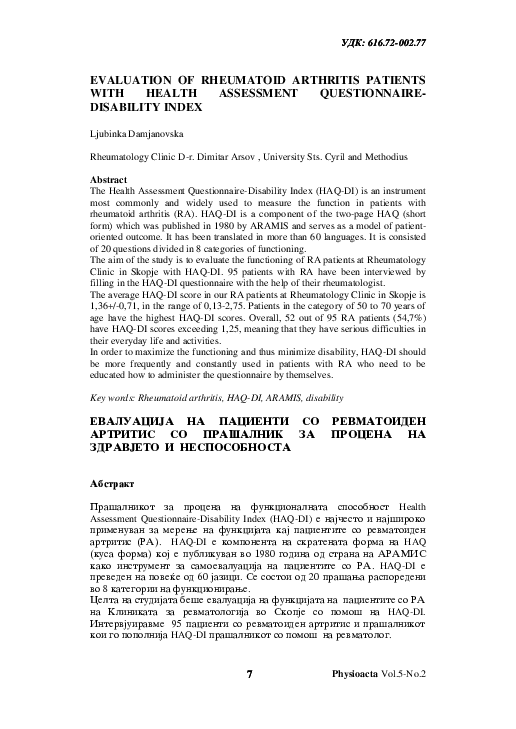 (PDF) EVALUATION OF RHEUMATOID ARTHRITIS PATIENTS WITH HEALTH ...