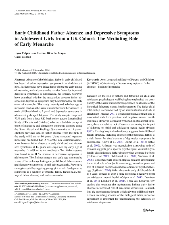 (PDF) Early Childhood Father Absence and Depressive Symptoms in ...
