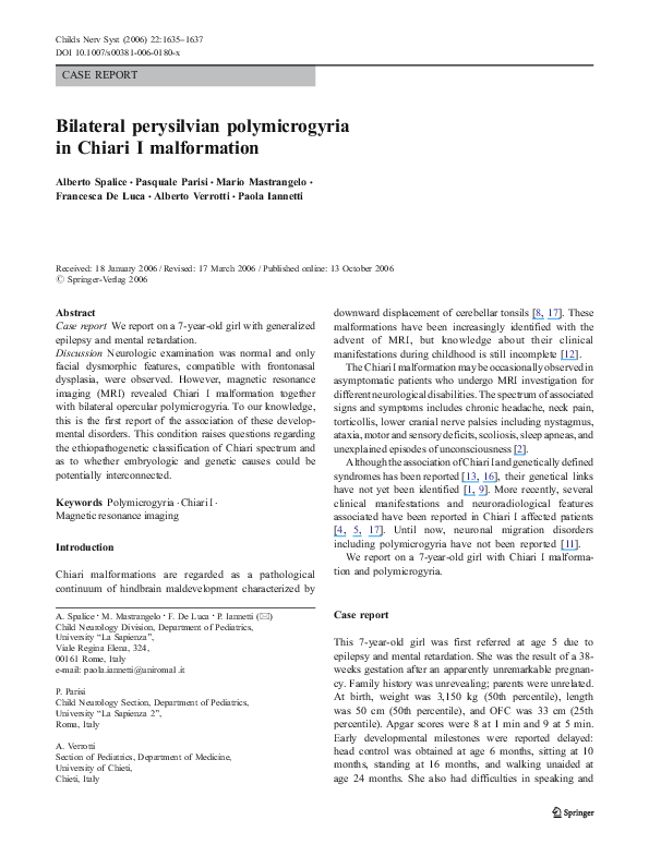 (PDF) Bilateral perysilvian polymicrogyria in Chiari I malformation
