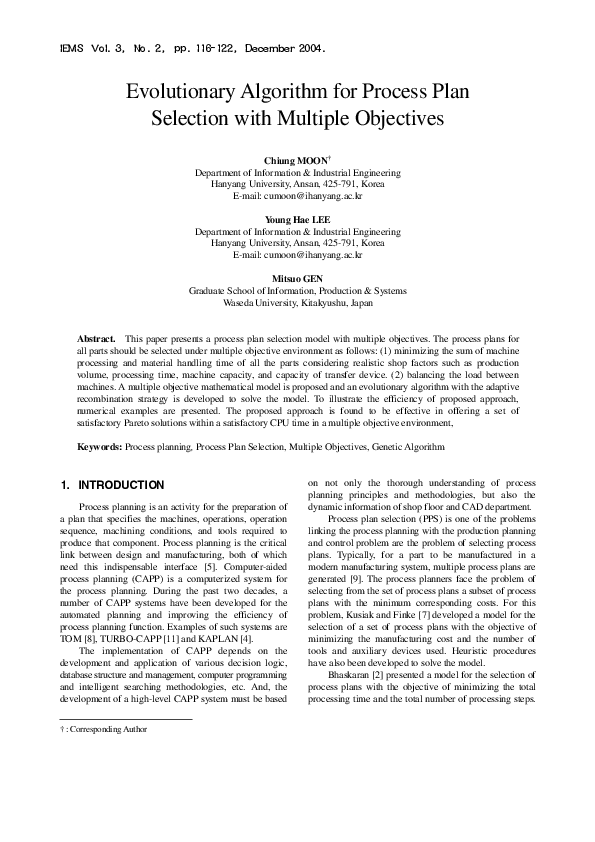 Pdf Evolutionary Algorithm For Process Plan Selection With Multiple Objectives