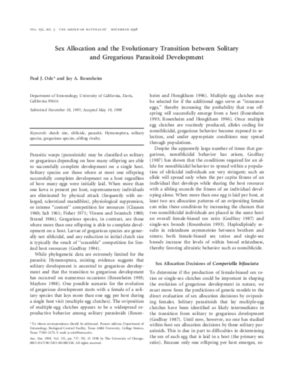 Pdf Sex Allocation And The Evolutionary Transition Between Solitary And Gregarious Parasitoid