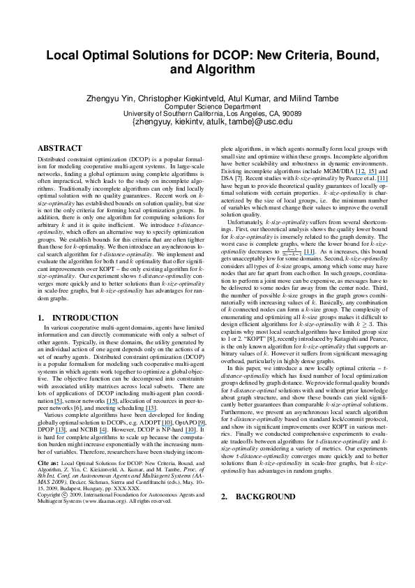 (PDF) Local optimal solutions for dcop: New criteria, bound, and algorithm