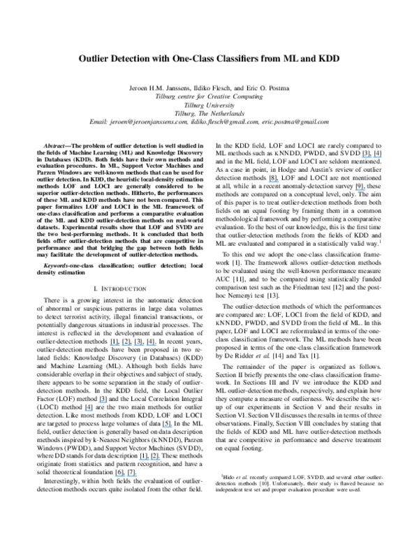 Pdf Outlier Detection With One Class Classifiers From Ml And Kdd
