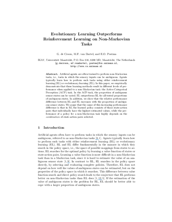 (PDF) Evolutionary Learning Outperforms Reinforcement Learning on Non-Markovian Tasks