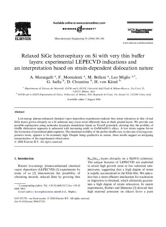 (PDF) Relaxed SiGe heteroepitaxy on Si with very thin buffer layers: experimental LEPECVD ...