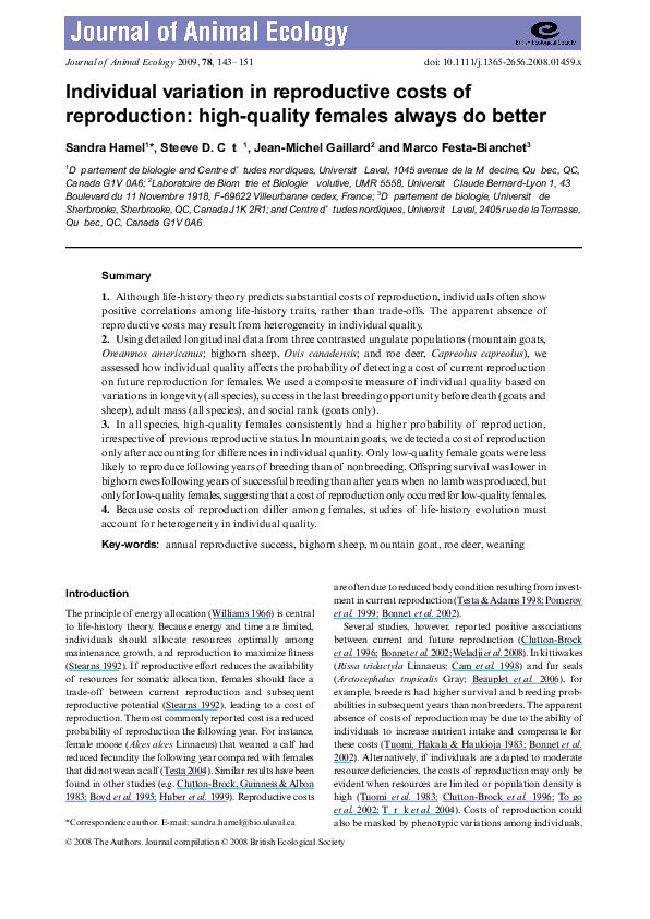 (PDF) Individual variation in reproductive costs of reproduction: high ...