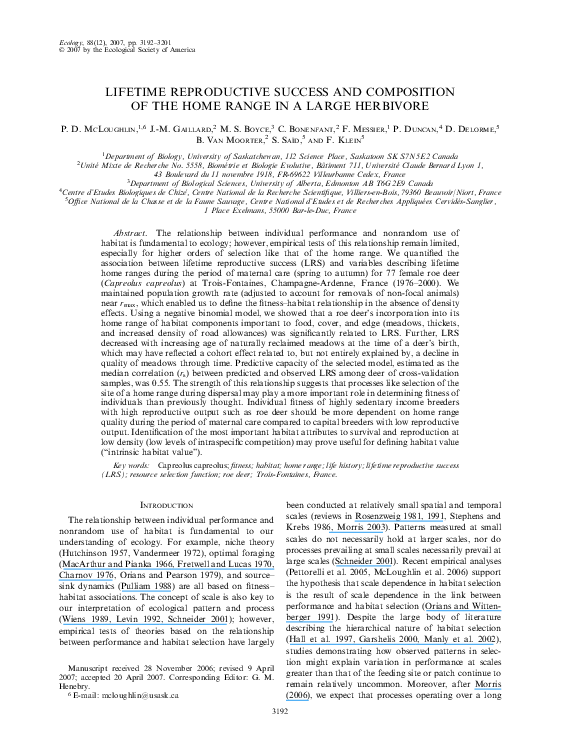 (PDF) LIFETIME REPRODUCTIVE SUCCESS AND COMPOSITION OF THE HOME RANGE ...