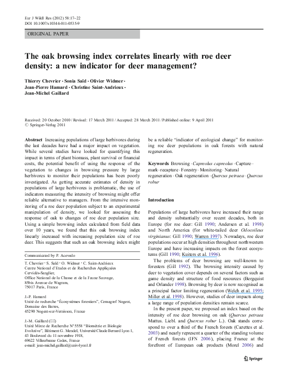 (PDF) The oak browsing index correlates linearly with roe deer density ...