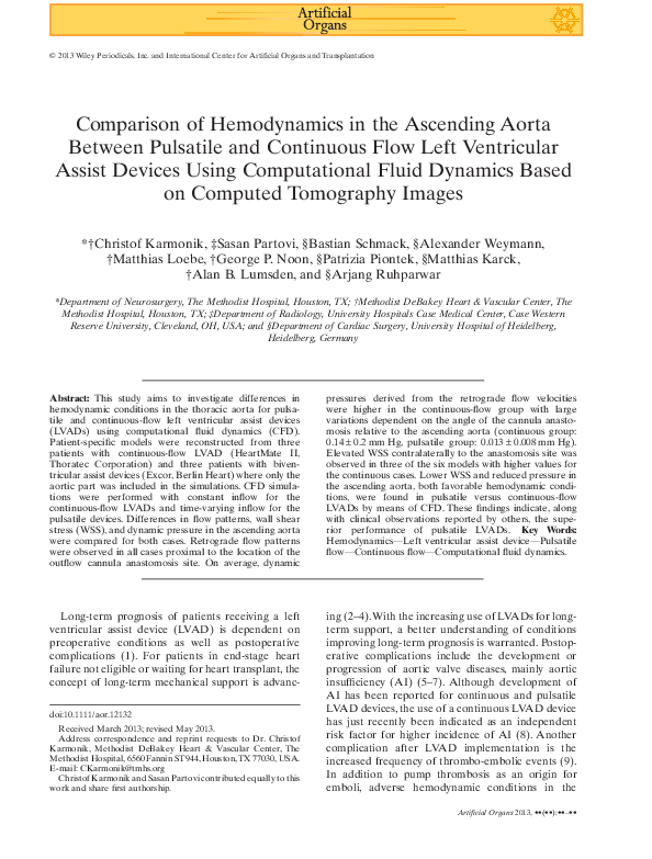 (PDF) Comparison of Hemodynamics in the Ascending Aorta Between Pulsatile and Continuous Flow ...