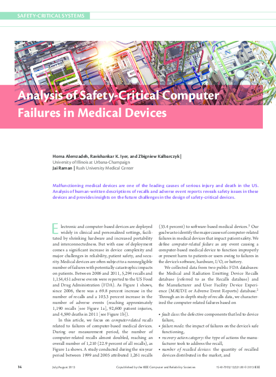 (PDF) Analysis of Safety-Critical Computer Failures in Medical Devices