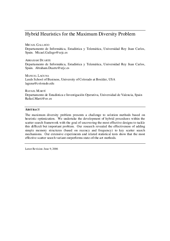 (PDF) Hybrid heuristics for the maximum diversity problem