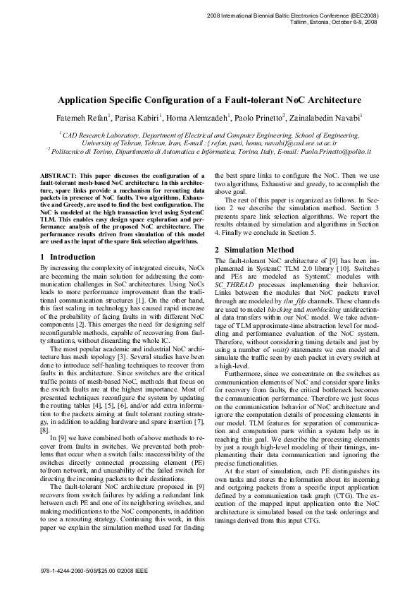 Pdf Application Specific Configuration Of A Fault Tolerant Noc Architecture