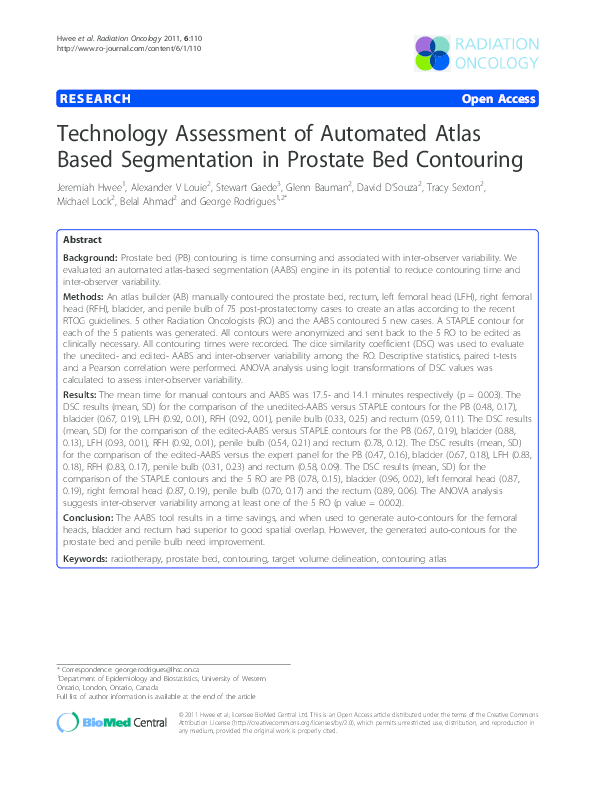 Pdf Technology Assessment Of Automated Atlas Based Segmentation In Prostate Bed Contouring