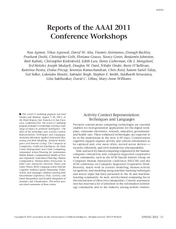 (PDF) Reports of the AAAI 2011 Conference Workshops