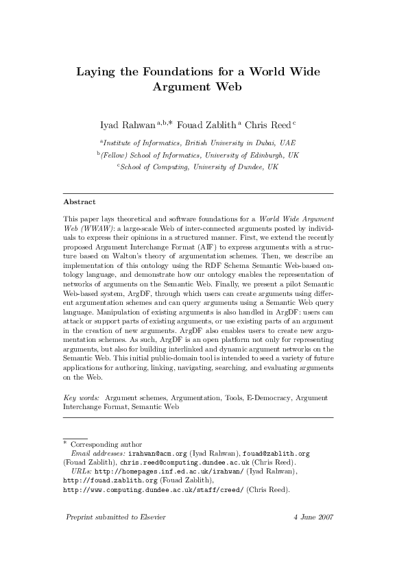 (PDF) Laying the foundations for a World Wide Argument Web