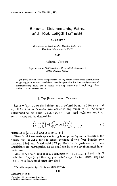 (PDF) Binomial determinants, paths, and hook length formulae