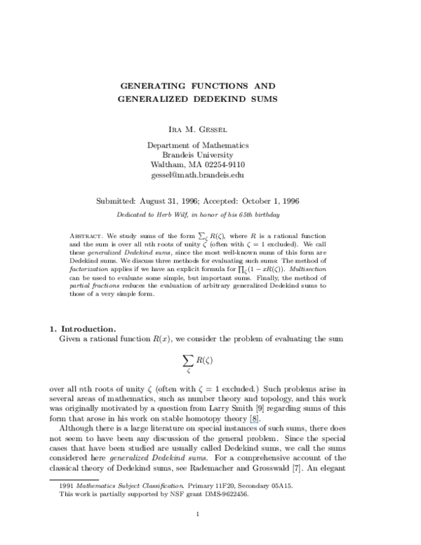 Pdf Generating Functions And Generalized Dedekind Sums