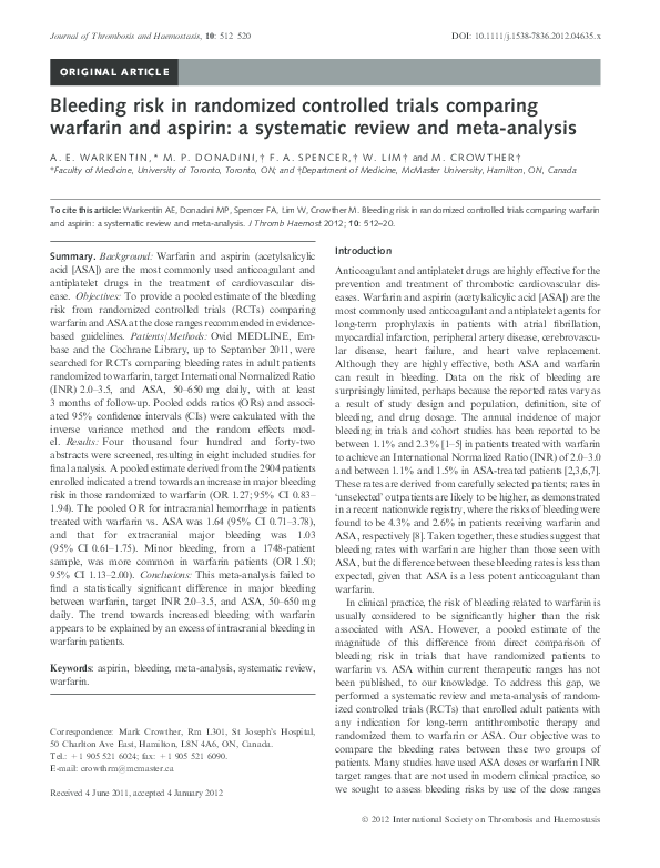 (PDF) Bleeding risk in randomized controlled trials comparing warfarin and aspirin: a systematic ...