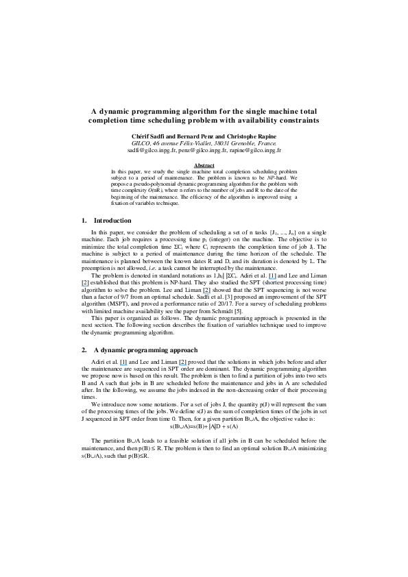 Pdf A Dynamic Programming Algorithm For The Single Machine Total