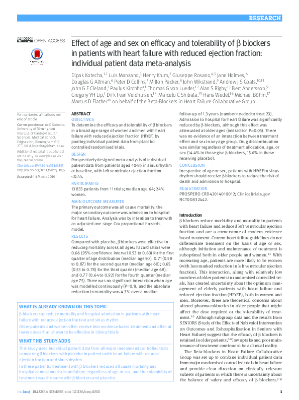(PDF) Effect of age and sex on efficacy and tolerability of β blockers ...