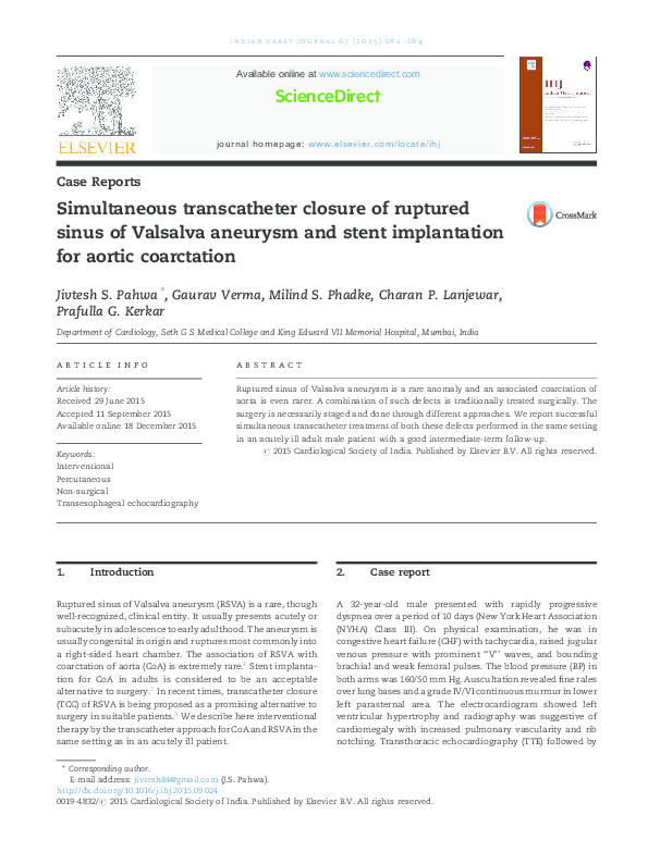 (PDF) Simultaneous transcatheter closure of ruptured sinus of Valsalva ...
