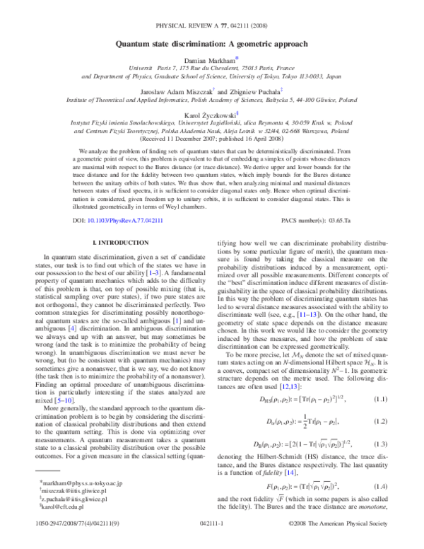 (PDF) Quantum state discrimination: A geometric approach
