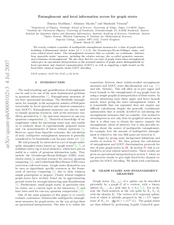 Pdf Entanglement And Local Information Access For Graph States
