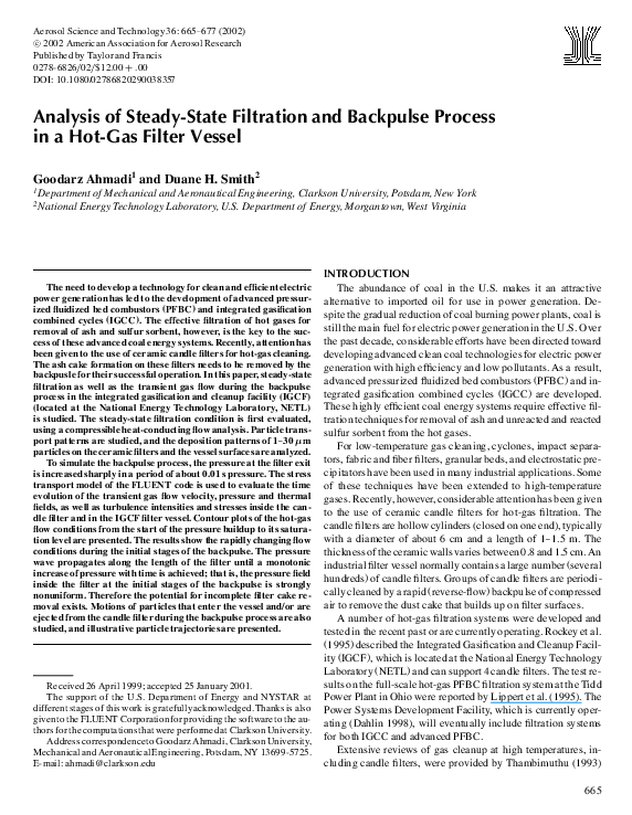 (PDF) Analysis of Steady-State Filtration and Backpulse Process in a ...