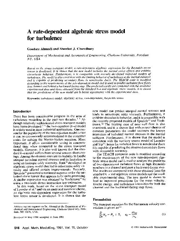 (PDF) A rate-dependent algebraic stress model for turbulence