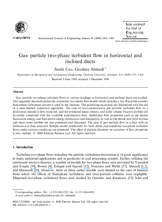 Pdf Gas Particle Two Phase Turbulent Flow In Horizontal And Inclined Ducts