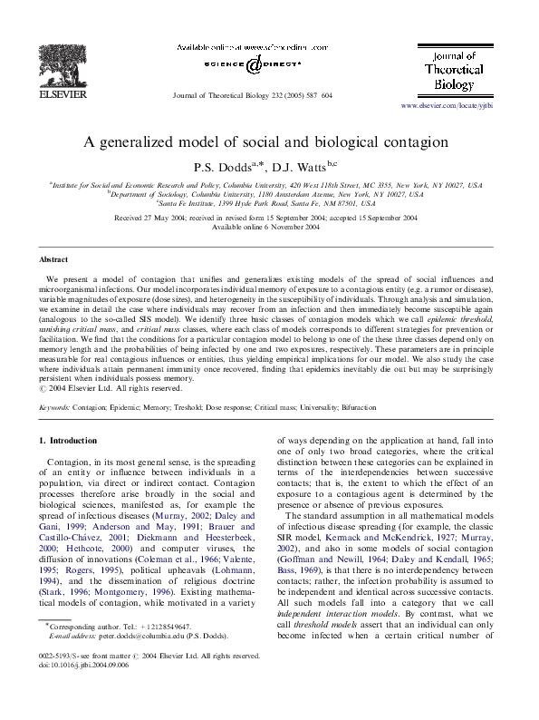 (PDF) A generalized model of social and biological contagion