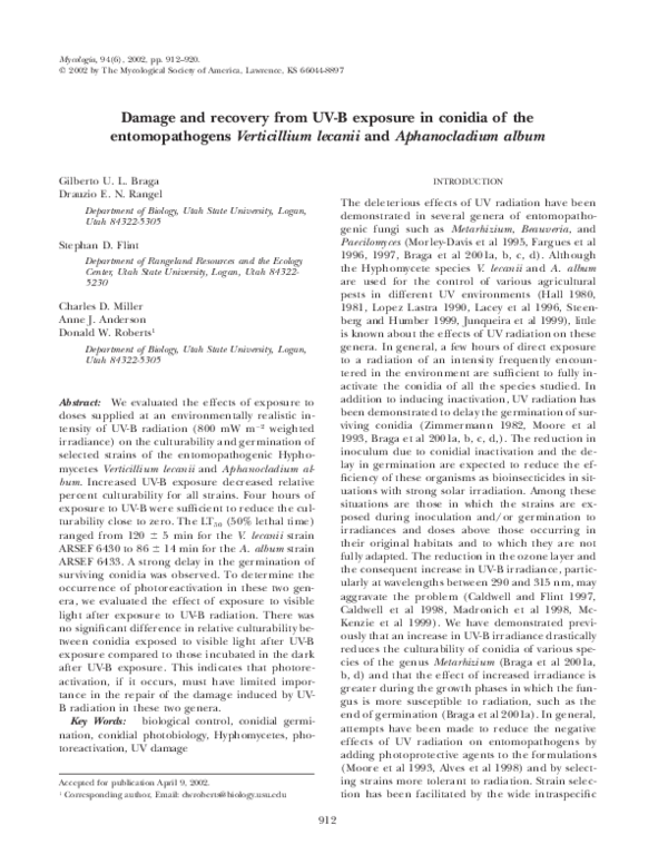 (PDF) Damage and recovery from UV-B exposure in conidia of the ...