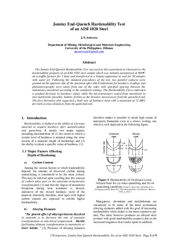 (PDF) Jominy End-Quench Hardenability Test of an AISI 1020 Steel