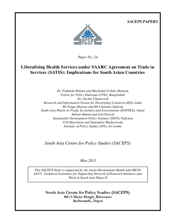 (PDF) Liberalising health services under SAARC Agreement on Trade in ...