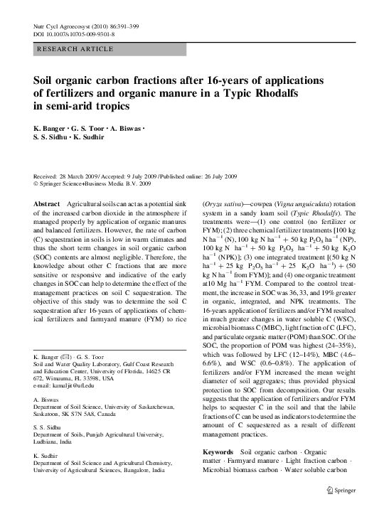 (PDF) Soil organic carbon fractions after 16-years of applications of fertilizers and organic ...