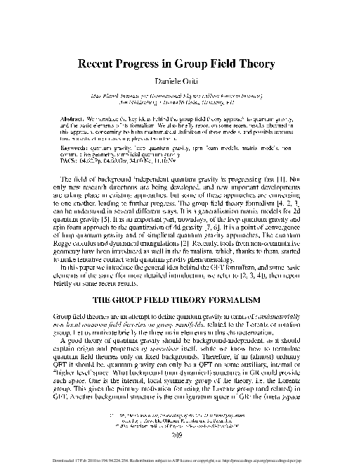 (PDF) Recent Progress in Group Field Theory