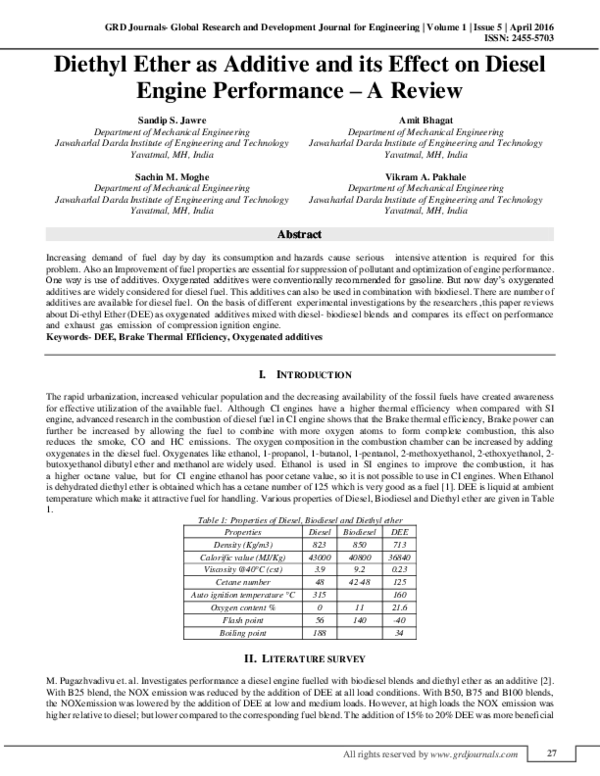 (PDF) Diethyl Ether as Additive and its Effect on Diesel Engine Performance – A Review