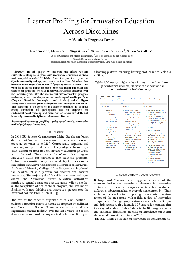 Pdf Learner Profiling For Innovation Education Across Disciplines A Work In Progress Paper