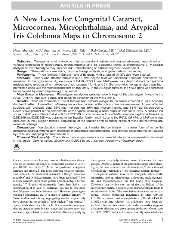(PDF) A New Locus for Congenital Cataract, Microcornea, Microphthalmia, and Atypical Iris ...