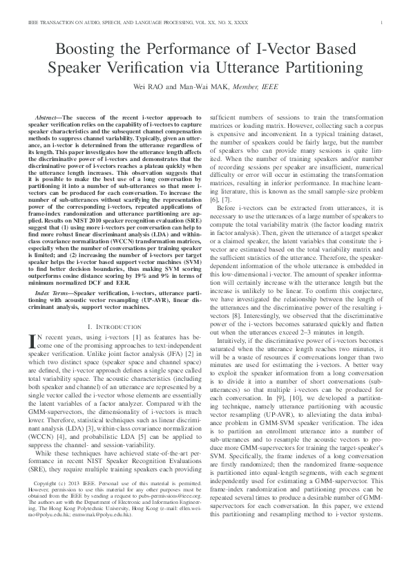 Pdf Boosting The Performance Of I Vector Based Speaker Verification Via Utterance Partitioning