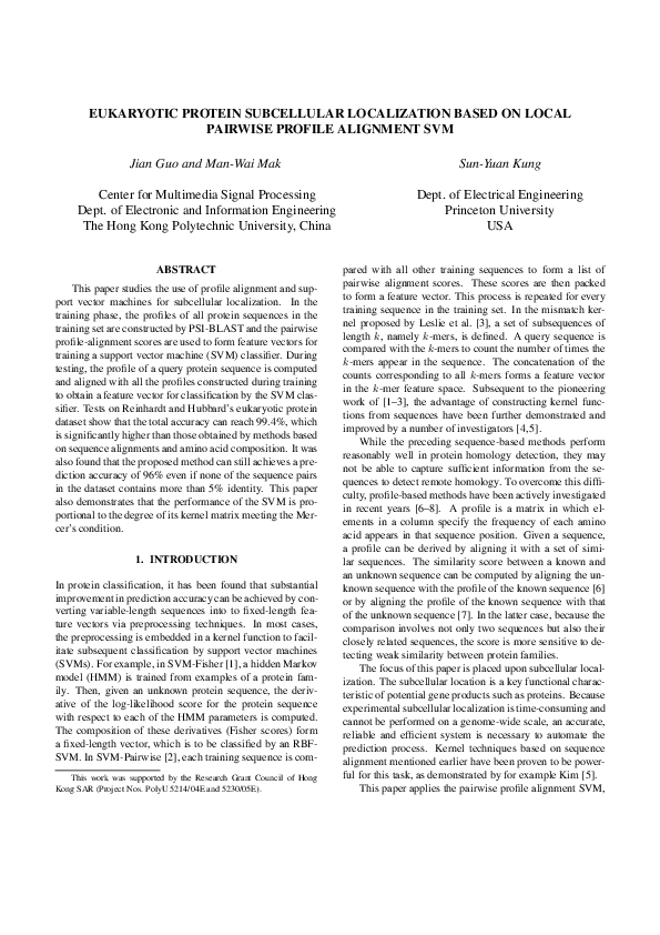 Pdf Eukaryotic Protein Subcellular Localization Based On Local Pairwise Profile Alignment Svm