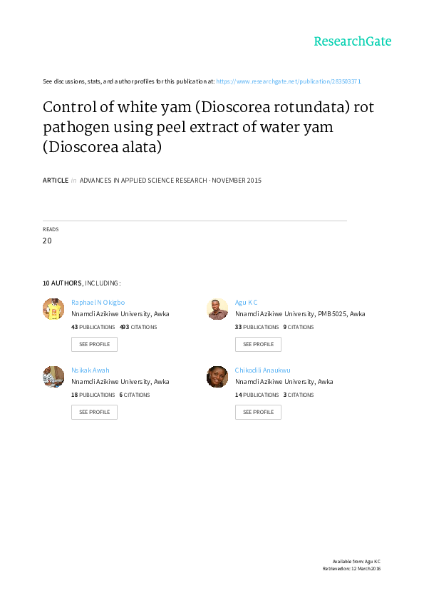 (PDF) Control of white yam (Dioscorea rotundata) rot pathogen using peel extract of water yam ...