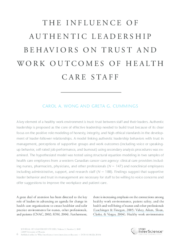 (PDF) The influence of authentic leadership behaviors on trust and work ...